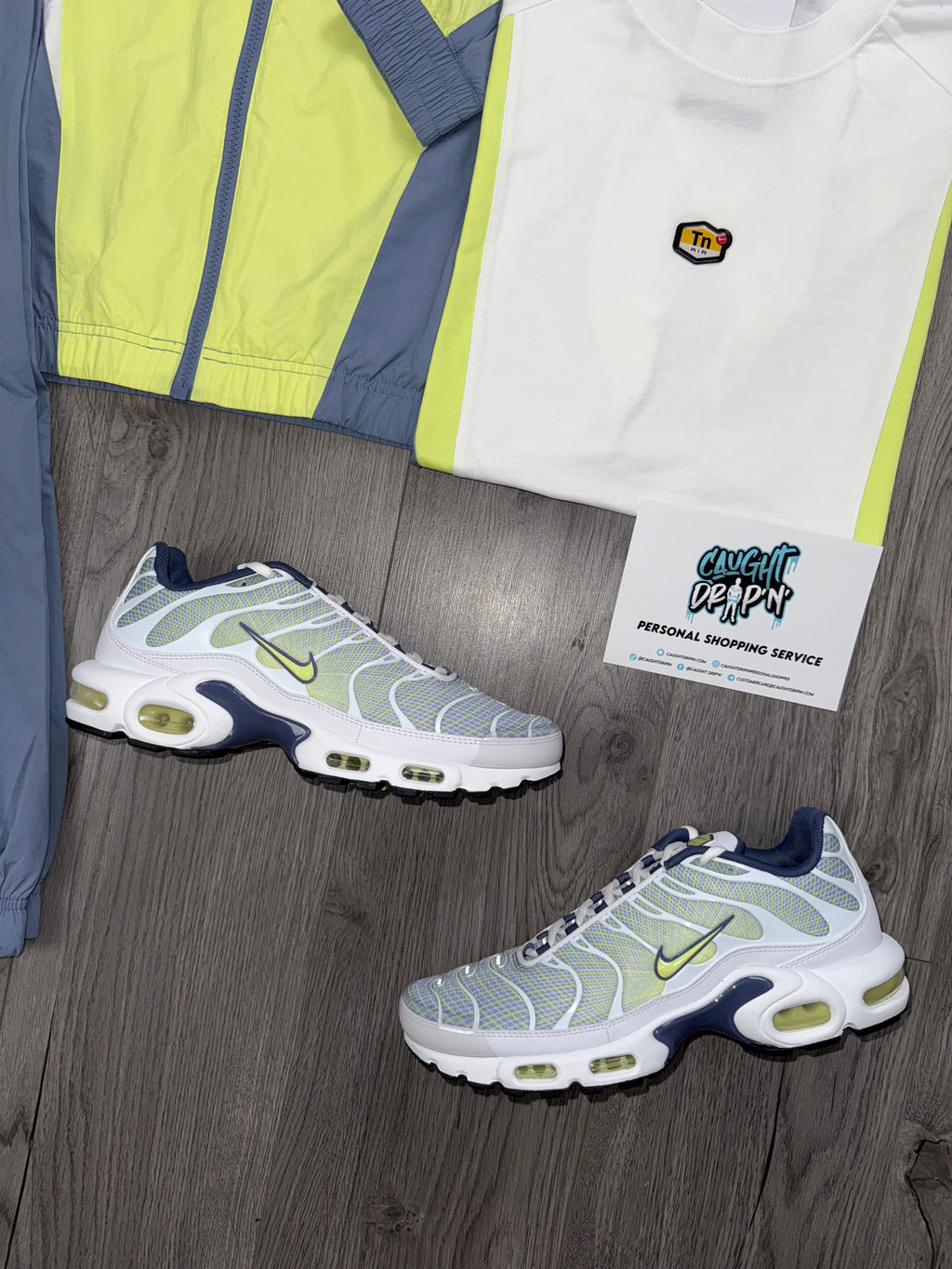 Nike Air Max Plus TN White, Slate Blue, Lime Spirograph – Caught Drip'N'